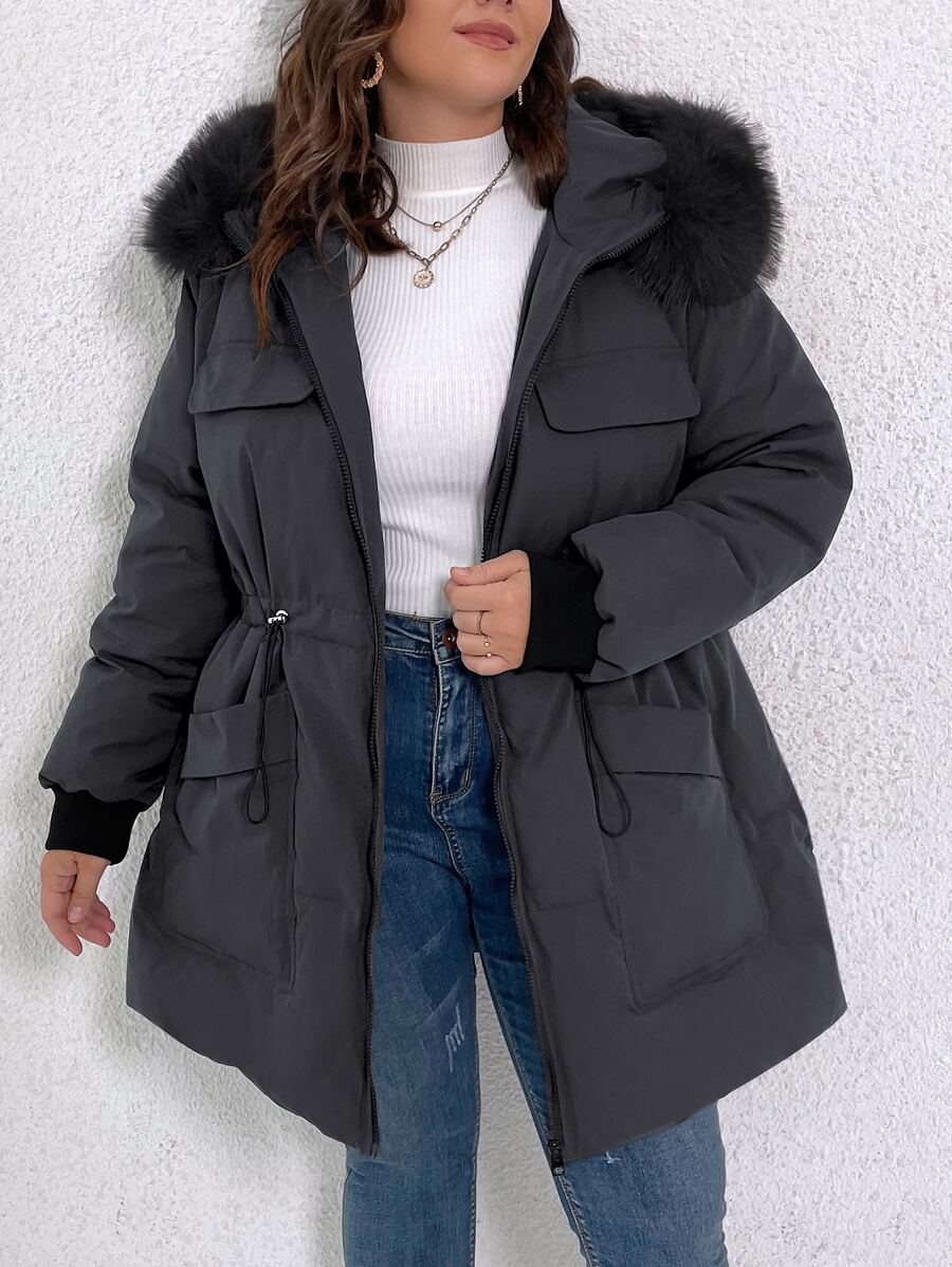 SHEIN Essnce Plus Drawstring Waist Fuzzy Trim Hooded Parka Coat | SHEIN Malaysia