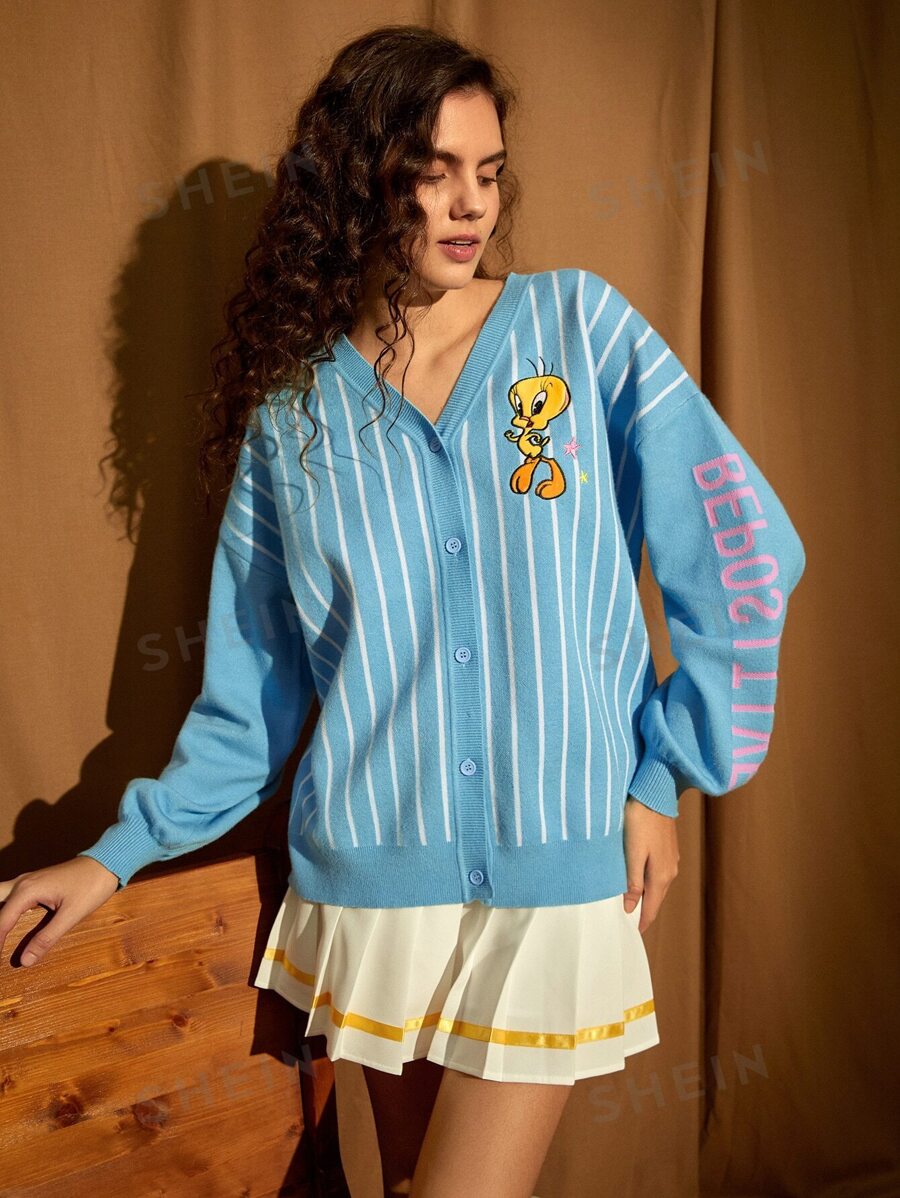 LOONEY TUNES X SHEIN Striped & Cartoon Pattern Drop Shoulder Cardigan for Sale Australia| New ...