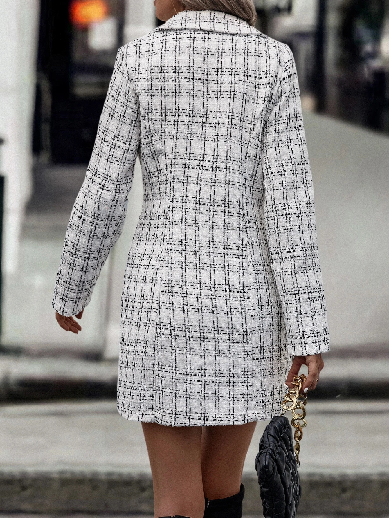 SHEIN Clasi Plaid Pattern Double Breasted Tweed Overcoat | SHEIN USA