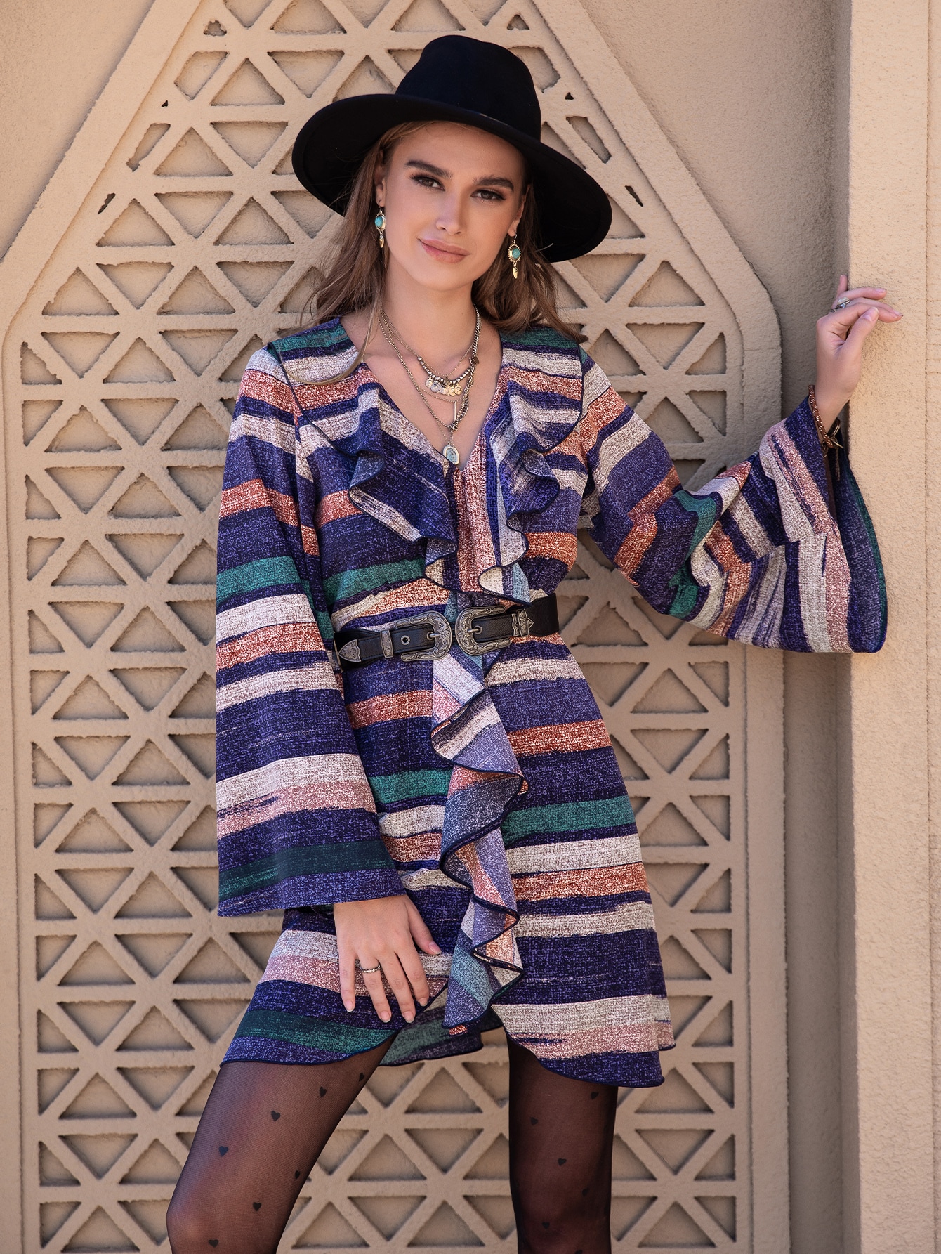 Rusttydustty Striped Ruffle Trim Dress Without Belt | SHEIN USA