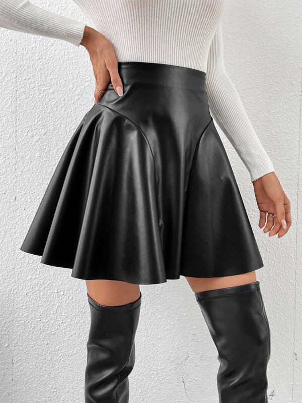 SHEIN Frenchy Solid Zipper Back Flare PU Leather Skirt | SHEIN UK