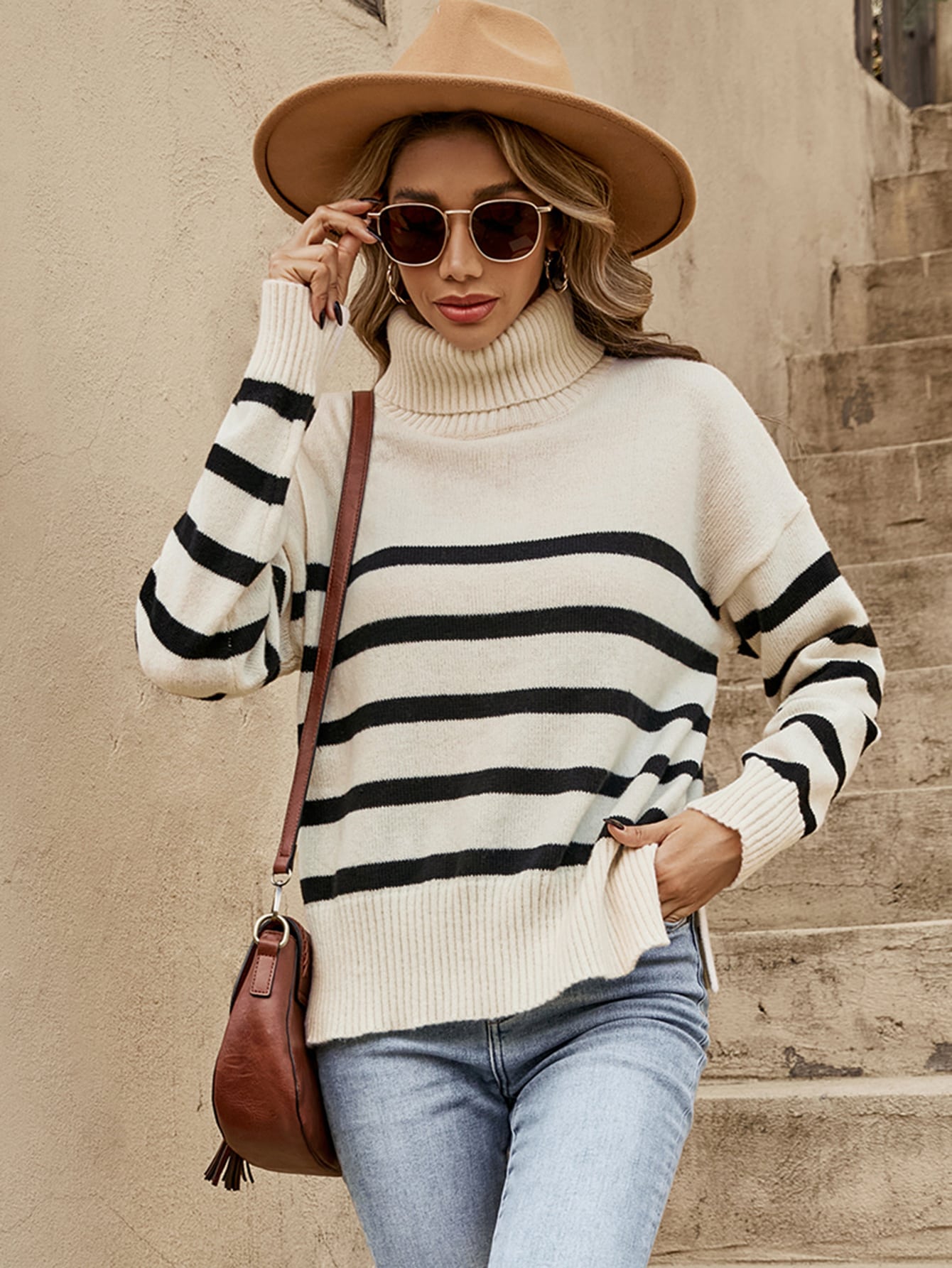 Shein Frenchy Striped Pattern Turtleneck Drop Shoulder Sweater Shein Usa