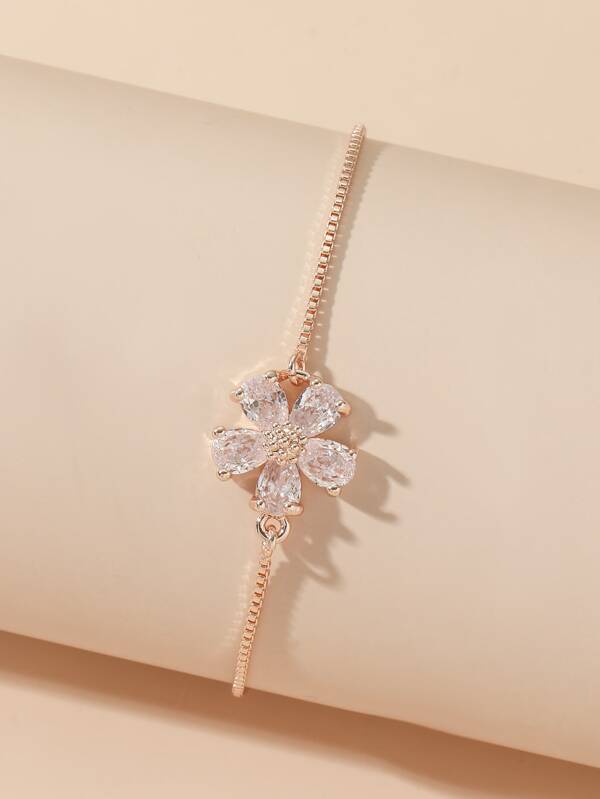 1pc Adjustable Copper Flower Shaped Cubic Zirconia Pull-cord Bracelet ...