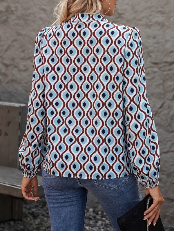 Allover Print Notched Neckline Lantern Sleeve Blouse Shein Eur