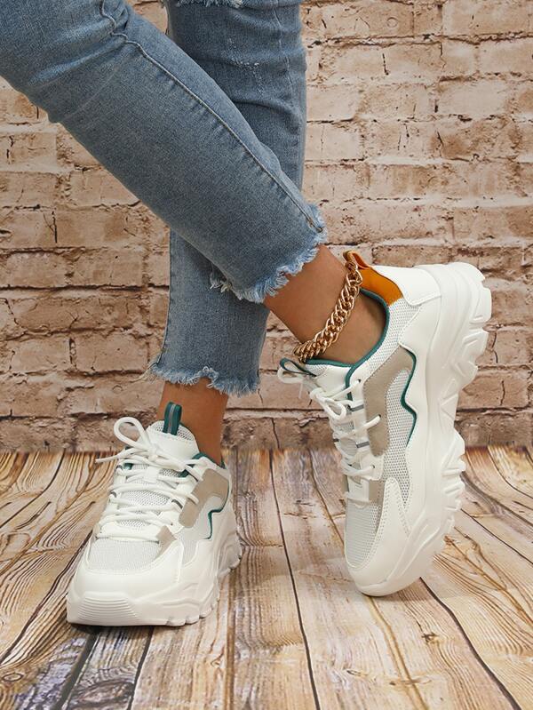 Color Block Lace-up Front Chunky Sneakers | SHEIN USA