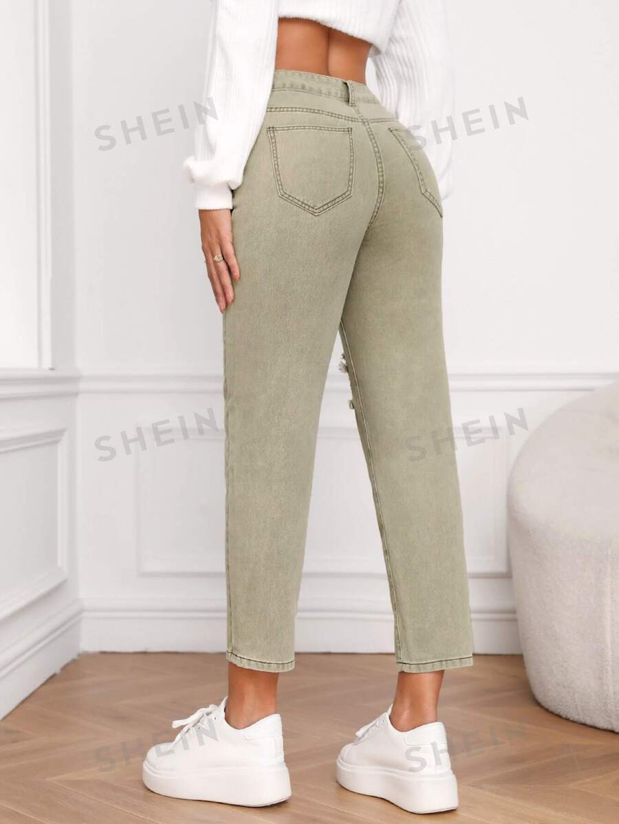 SHEIN Essnce High Waist Ripped Mom Fit Jeans | SHEIN UK