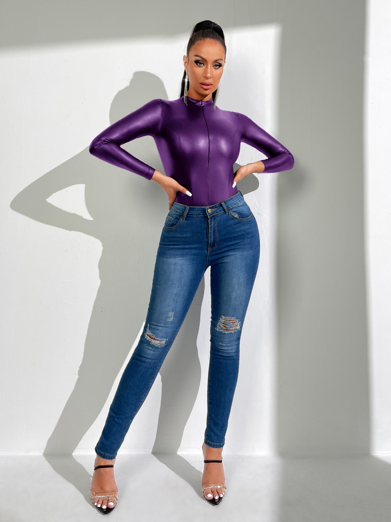 Shein Sxy Zip Up Pu Leather Bodysuit Shein Uk