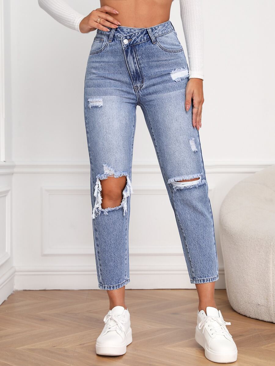 SHEIN Essnce High Waist Ripped Mom Fit Jeans | SHEIN USA