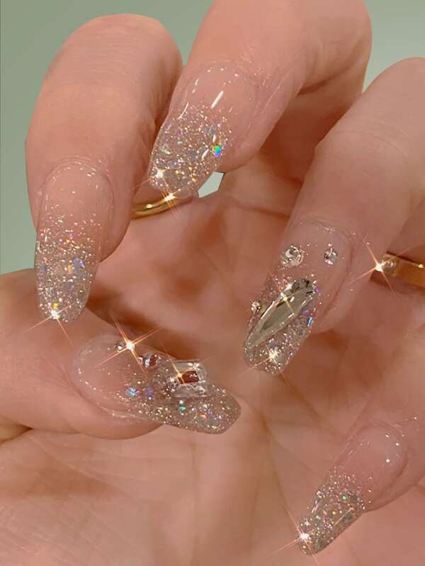 Fairycore 24pcs Long Coffin Rhinestone Decor Fake Nail & 1sheet Tape ...