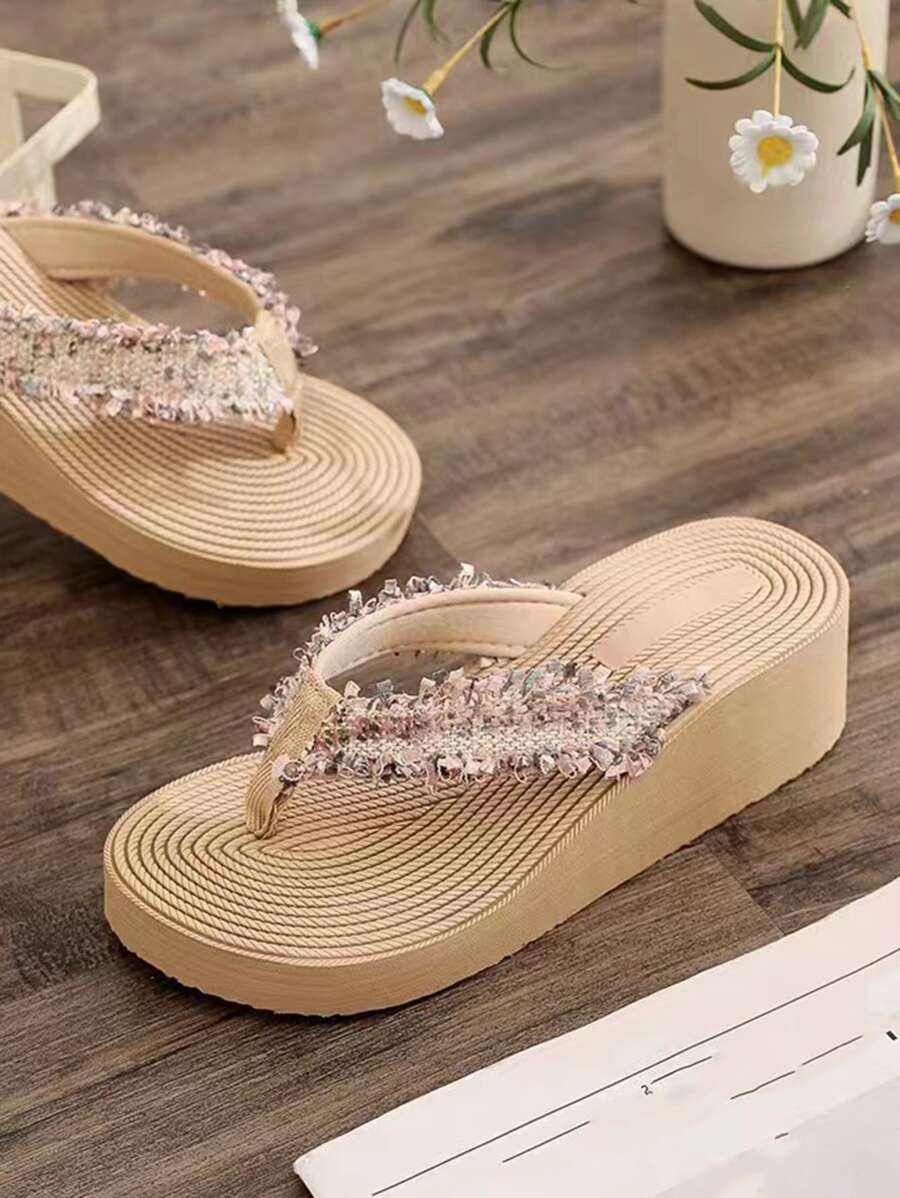Women Colorblock Rhinestone Decor Flip Flops, Toe Post Slippers For ...