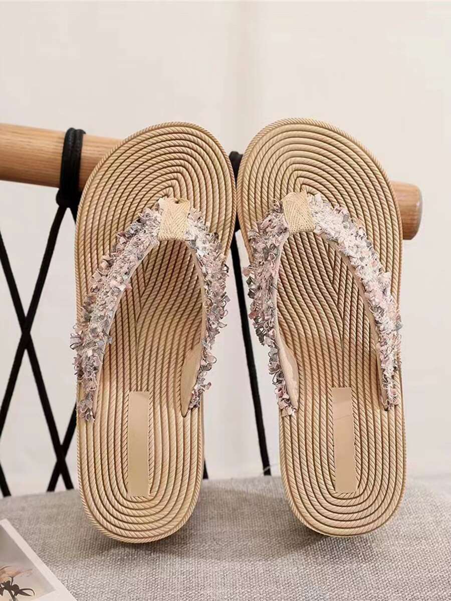 Women Colorblock Rhinestone Decor Flip Flops, Toe Post Slippers For ...