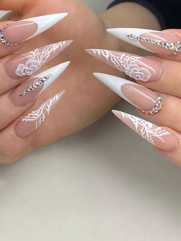 Upgrade Your Look With 24pcs Long Stiletto Floral White French Rose