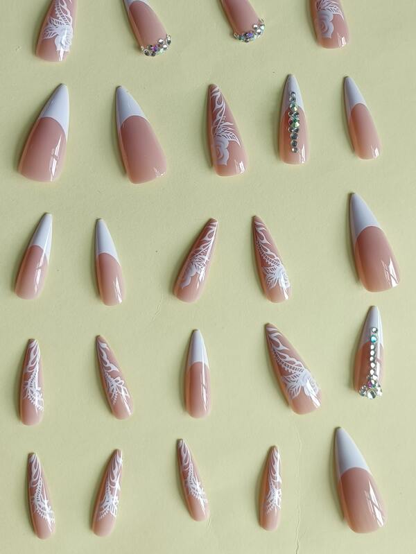 Upgrade Your Look With 24pcs Long Stiletto Floral White French Rose
