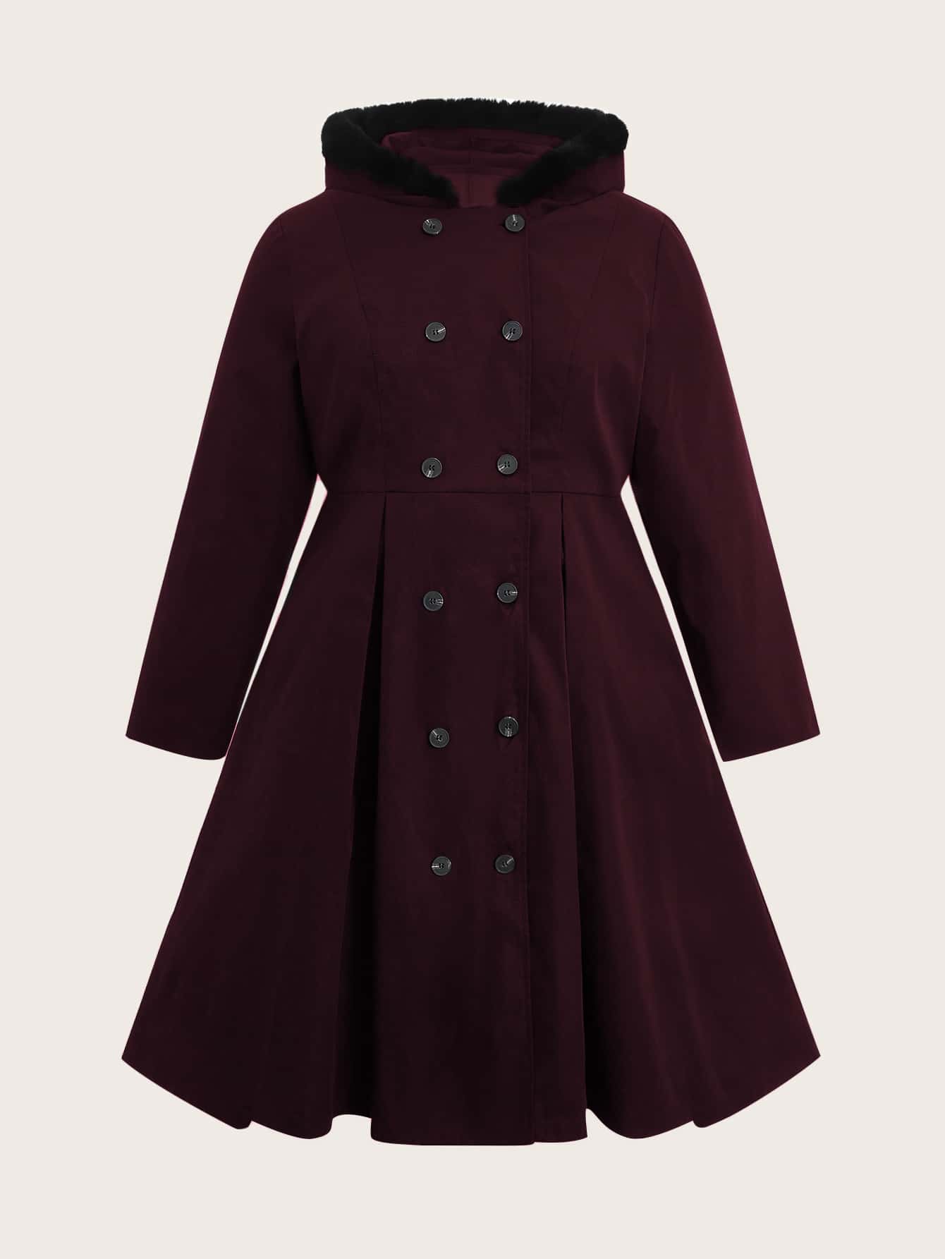 Plus Fuzzy Trim Hooded Pea Coat | SHEIN USA