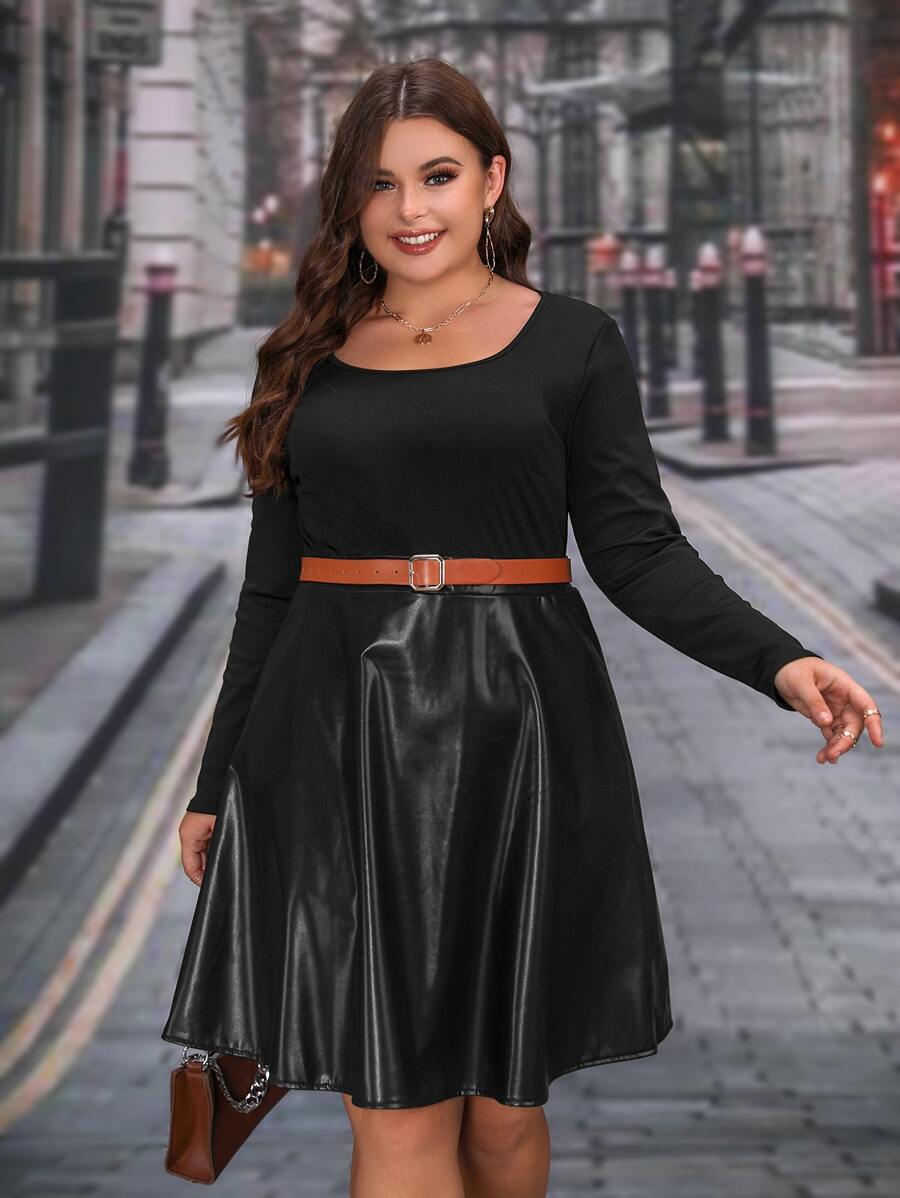SHEIN Clasi Plus Scoop Neck PU Leather Dress Without Belt | SHEIN USA
