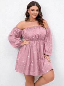 SHEIN LUNE Plus Gold Star Print Off Shoulder Lantern Sleeve Dress ...