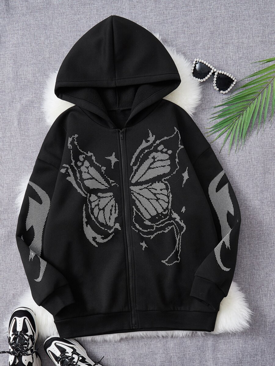SHEIN EZwear Plus Butterfly Print Zip Up Thermal Lined Hoodie | SHEIN USA