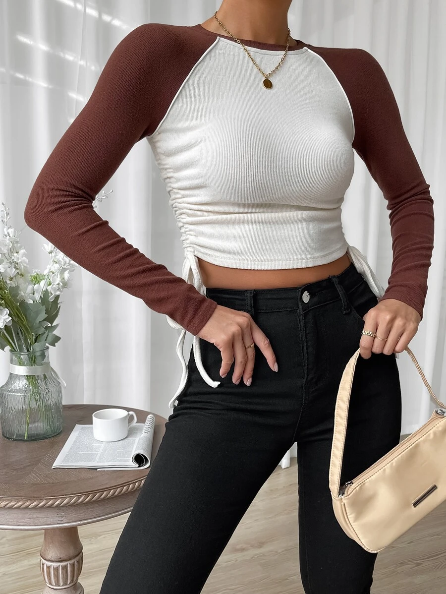 Colorblock Raglan Sleeve Drawstring Side Crop Tee | SHEIN USA