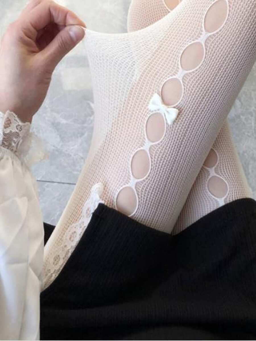 ROMWE Academia Retro Bow Decor Cut Out Tights | SHEIN USA