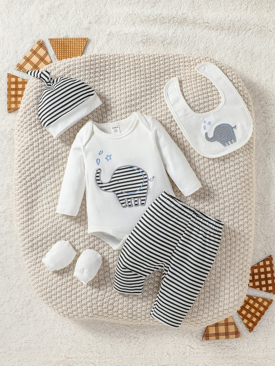 SHEIN Newborn Baby Boy Cartoon Embroidery Bodysuit & Striped Pants ...