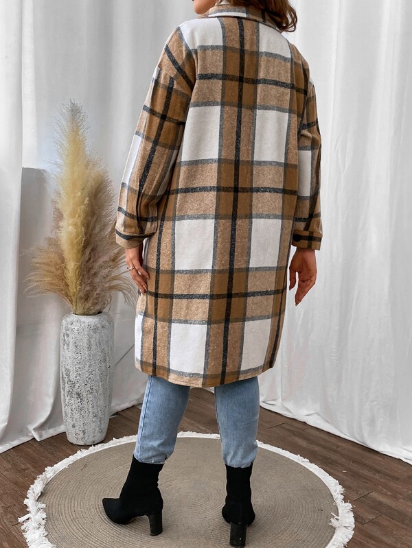 SHEIN LUNE Plus Plaid Print Drop Shoulder Coat | SHEIN USA
