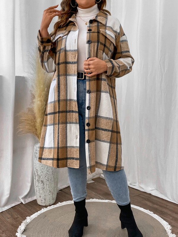 SHEIN LUNE Plus Plaid Print Drop Shoulder Coat | SHEIN USA