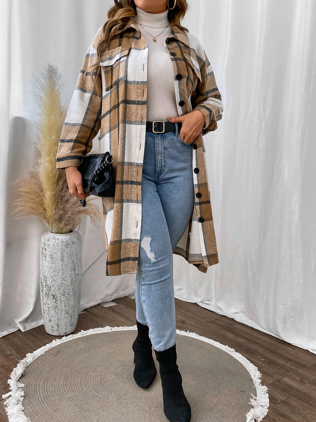 Shein Lune Plus Plaid Print Drop Shoulder Coat Shein Usa