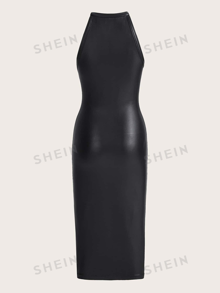 SHEIN ICON Solid PU Leather Halter Dress | SHEIN UK