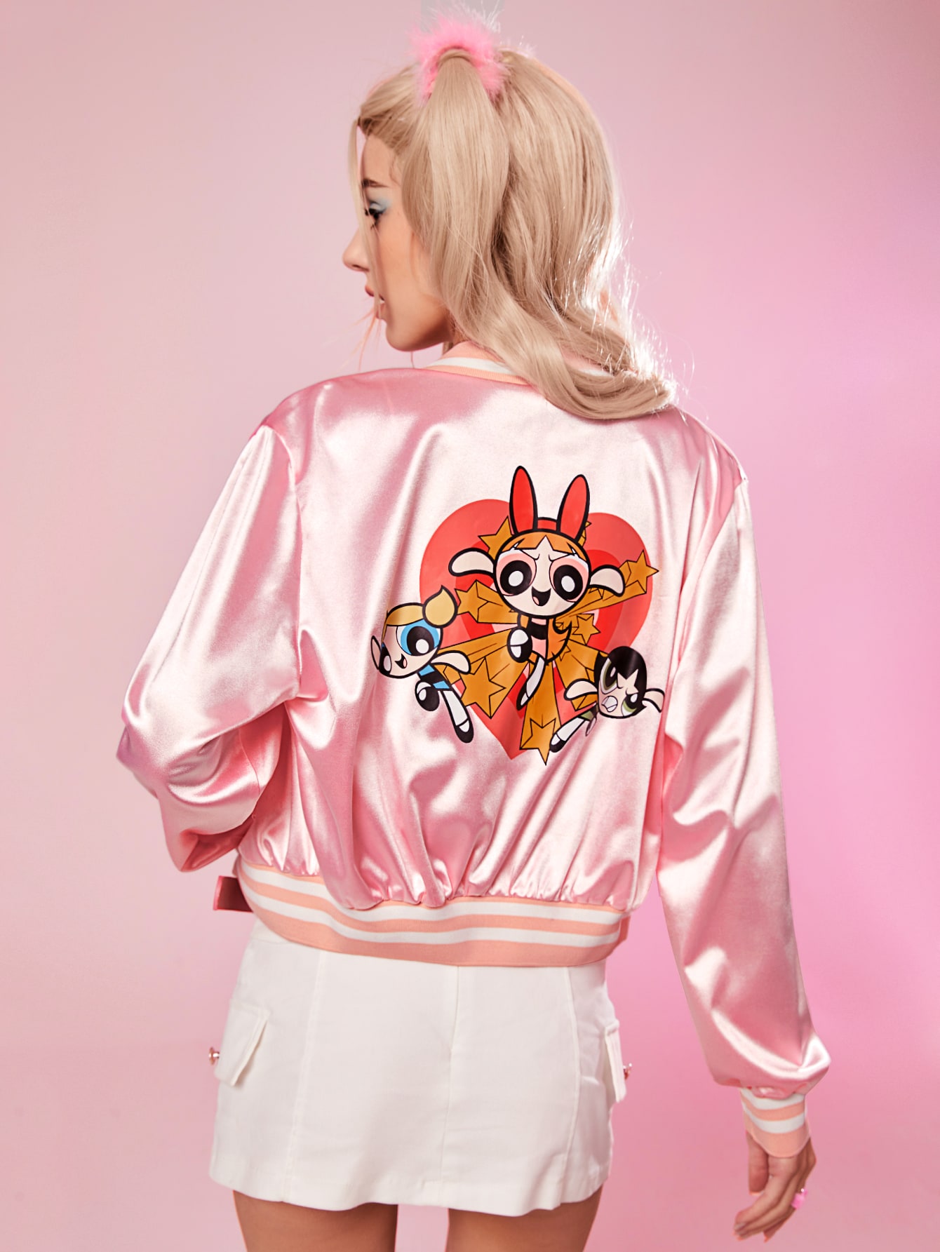The Powerpuff Girls | ROMWE Cartoon Graphic Striped Trim Bomber Jacket