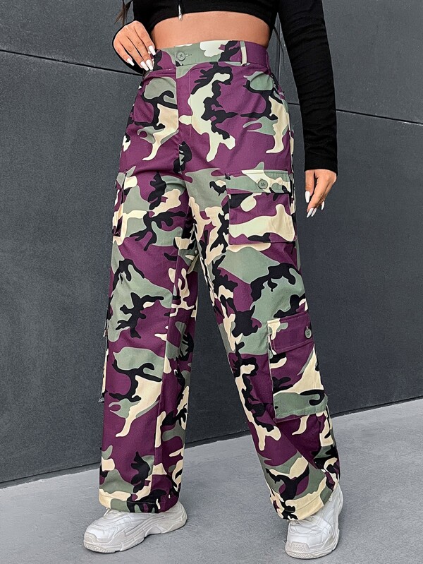 Shein Coolane Plus Camo Print Flap Pocket Side Cargo Trousers Shein Uk