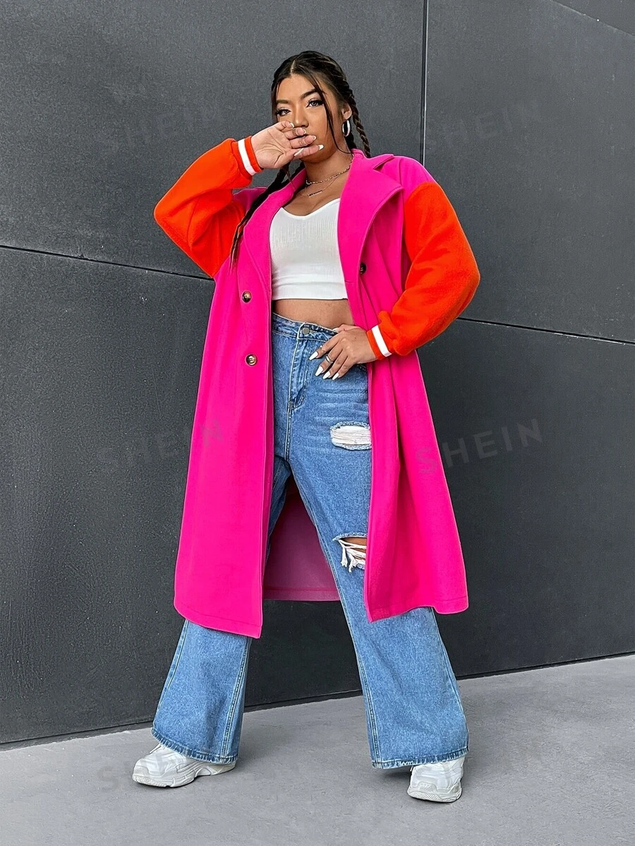 SHEIN EZwear Plus Colorblock Drop Shoulder Double Breasted Overcoat for ...