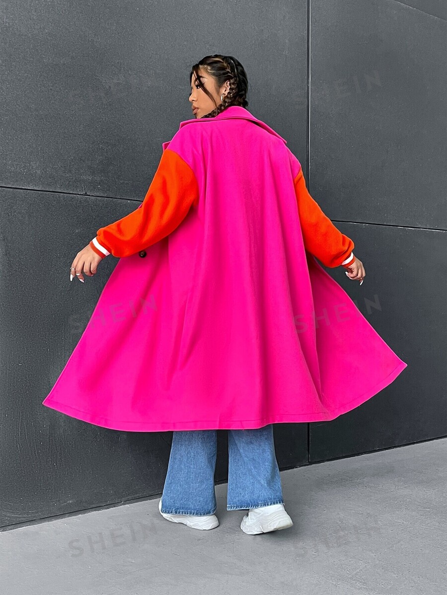 SHEIN EZwear Plus Colorblock Drop Shoulder Double Breasted Overcoat for ...
