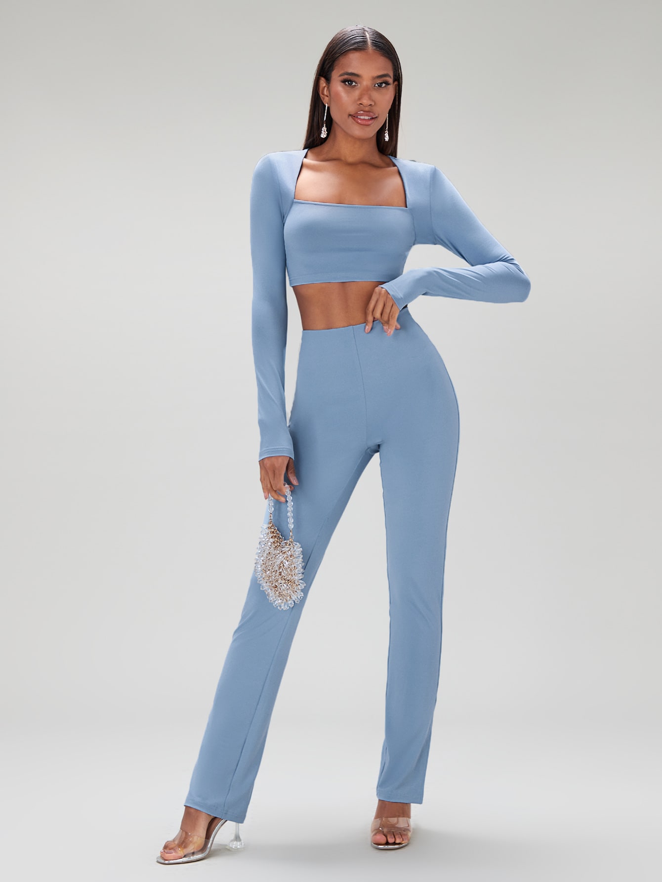 SHEIN BAE Square Neck Crop Top & Split Hem Pants | SHEIN USA