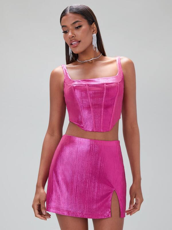 Shein Bae Top Corsé Corto De Color Metálico And Falda Bajo Con Abertura