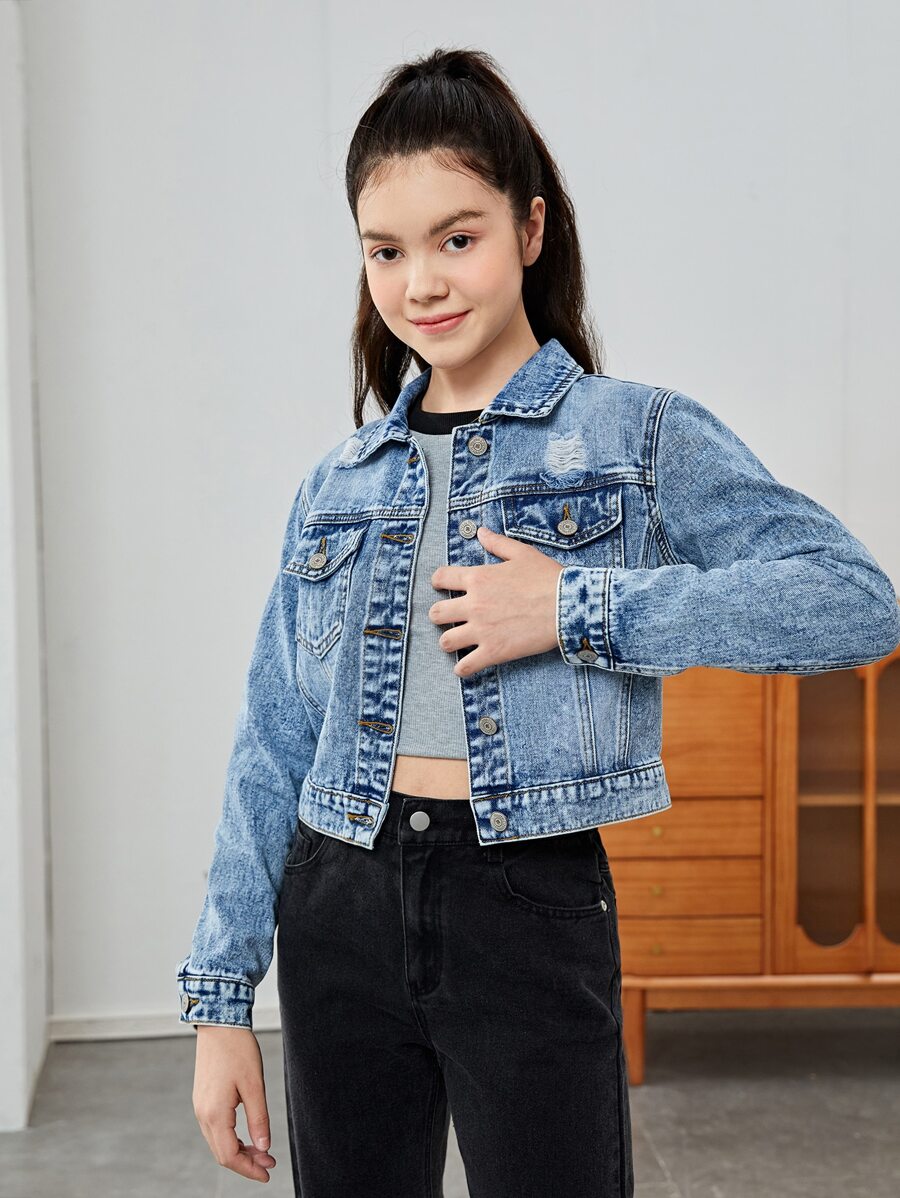 Teen Girls Ripped Flap Pocket Denim Jacket | SHEIN USA