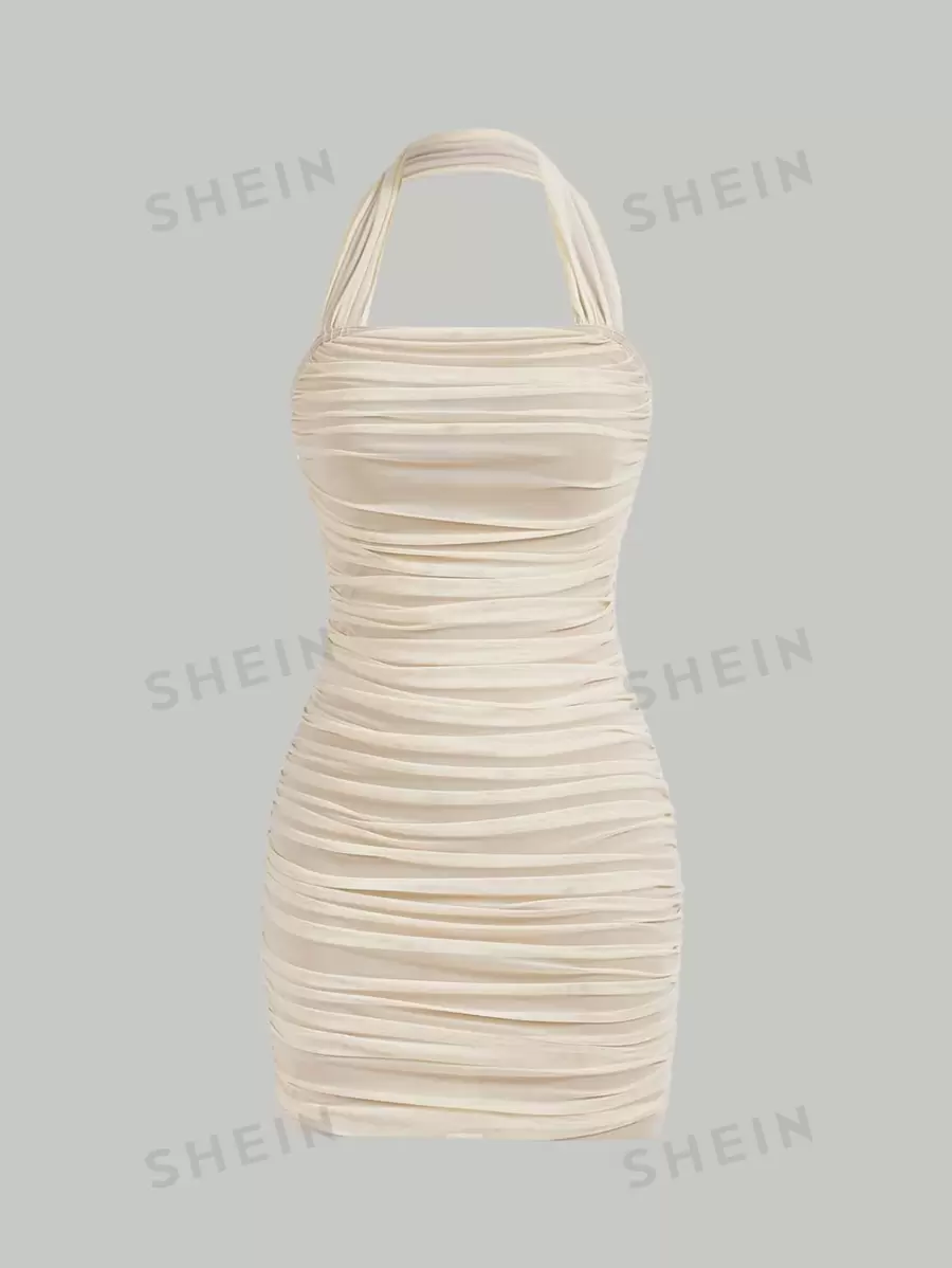 SHEIN MOD Halterneck Backless Ruched Mesh Bodycon Dress | SHEIN UK