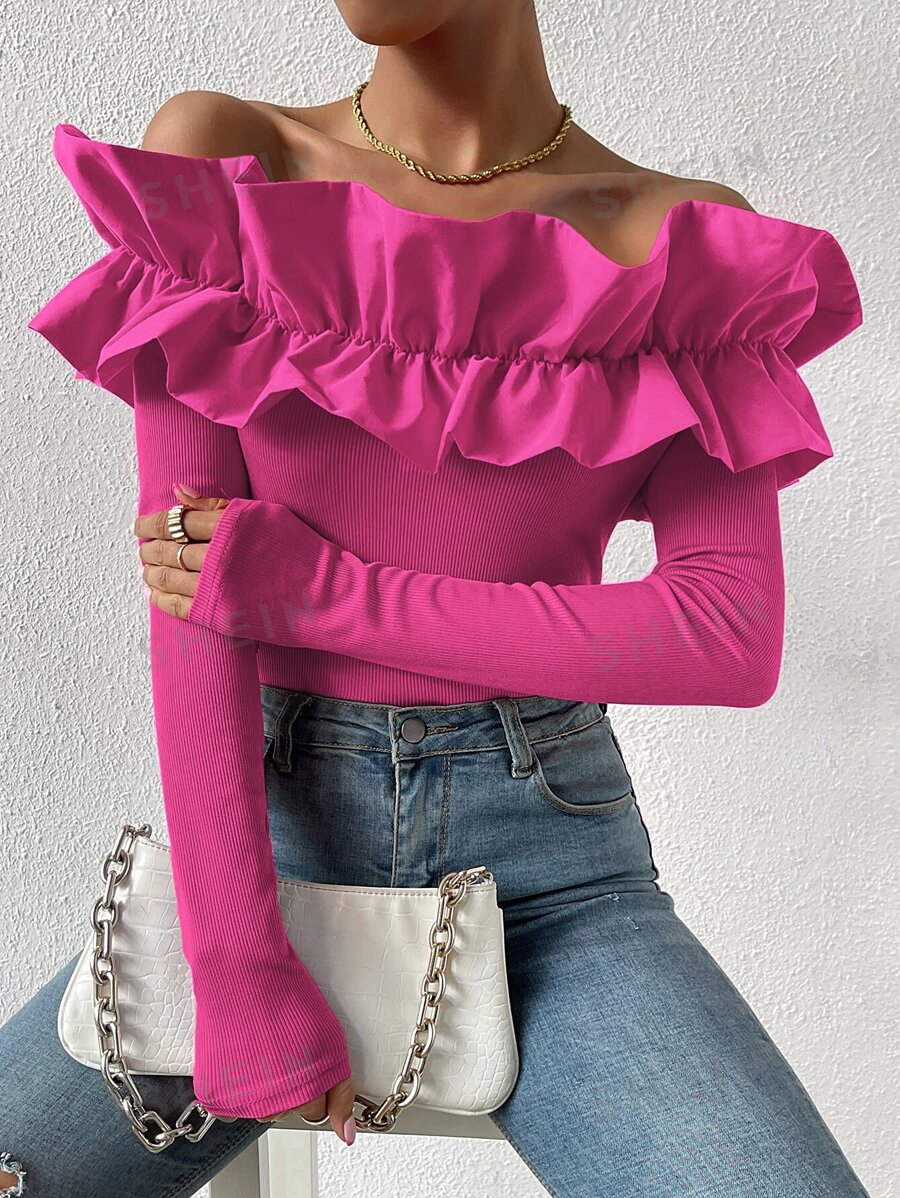 SHEIN Privé Exaggerated Ruffle Off Shoulder Tee | SHEIN UK