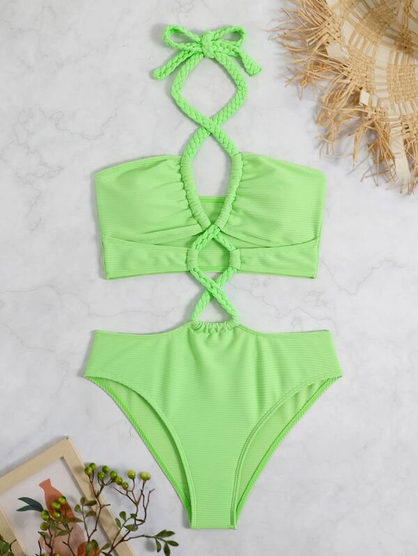 Lace Up Halter One Piece Swimsuit Shein Usa