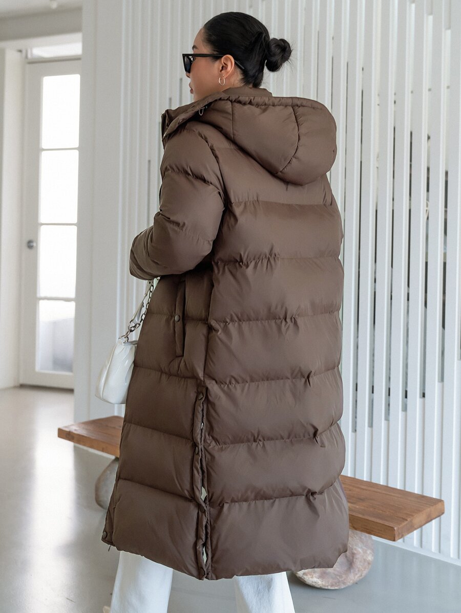 Dazy Slant Pocket Zipper Hooded Longline Padded Thick Pockets Coat