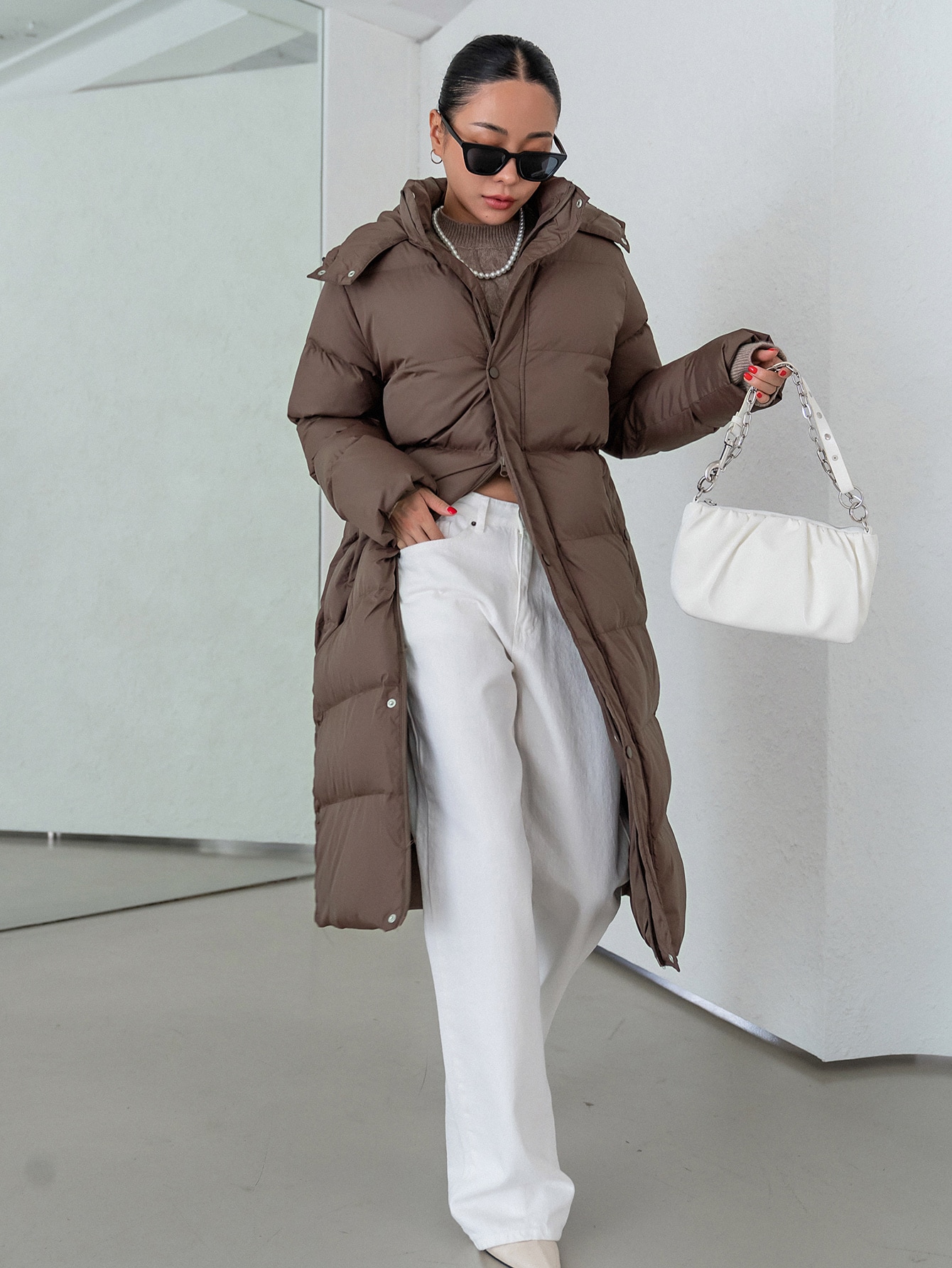 Dazy Slant Pocket Zipper Hooded Longline Puffer Thick Pockets Coat