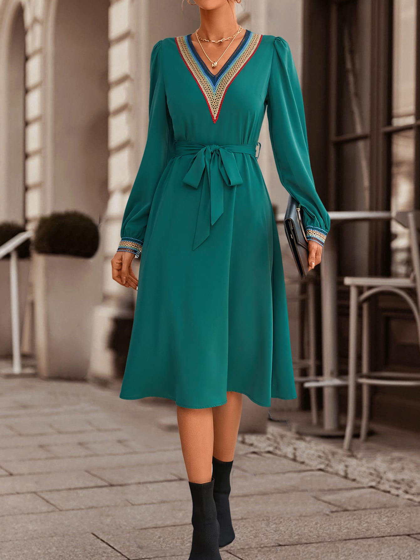 Contrast Trim Puff Sleeve Belted Dress Shein Eur