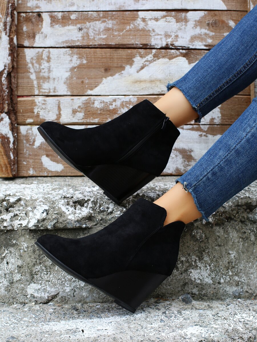 Zip Side Faux Suede Wedge Boots, Women's Wedge Heel Platform Mid-calf ...