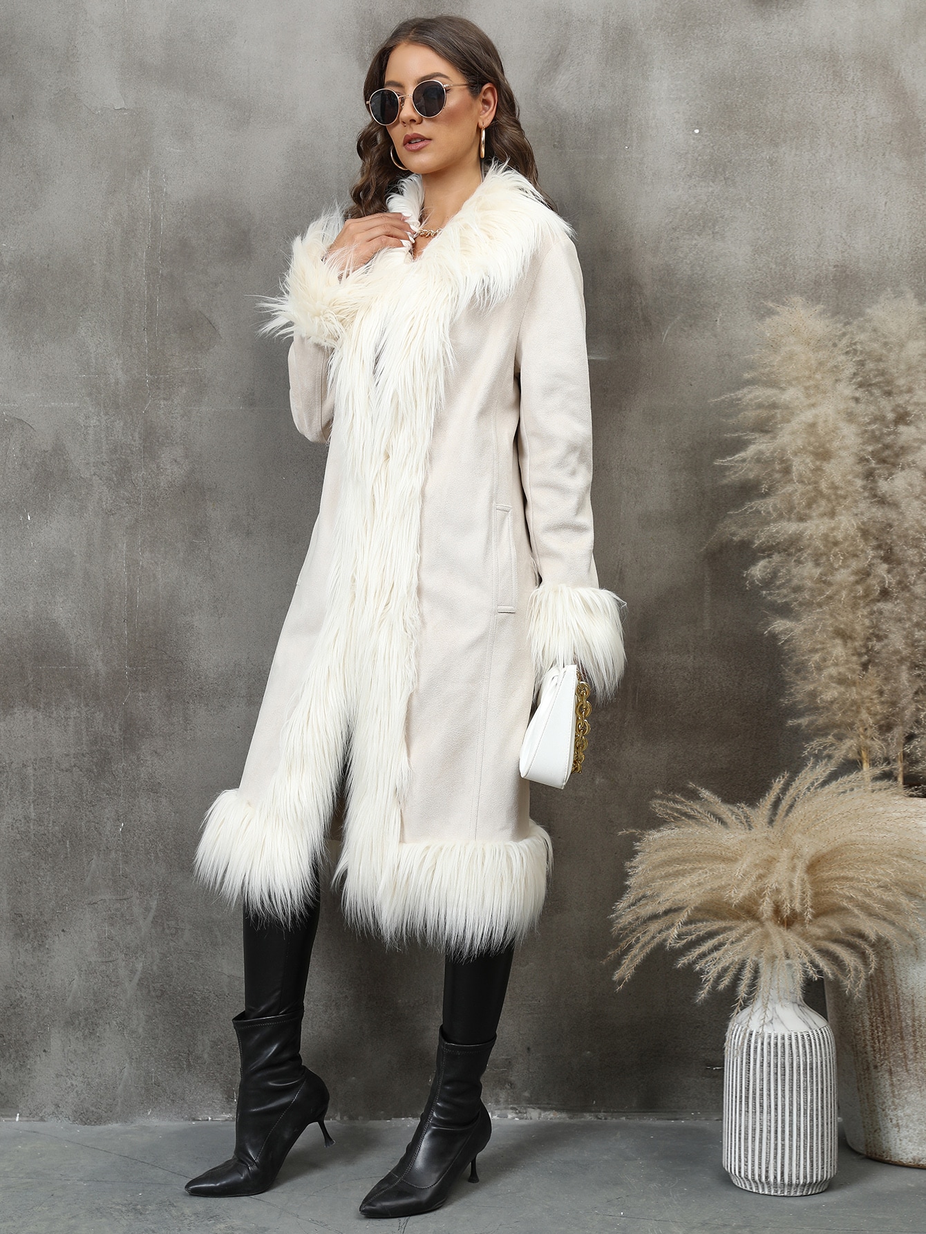 Fuzzy Trim Open Front Coat | SHEIN UK