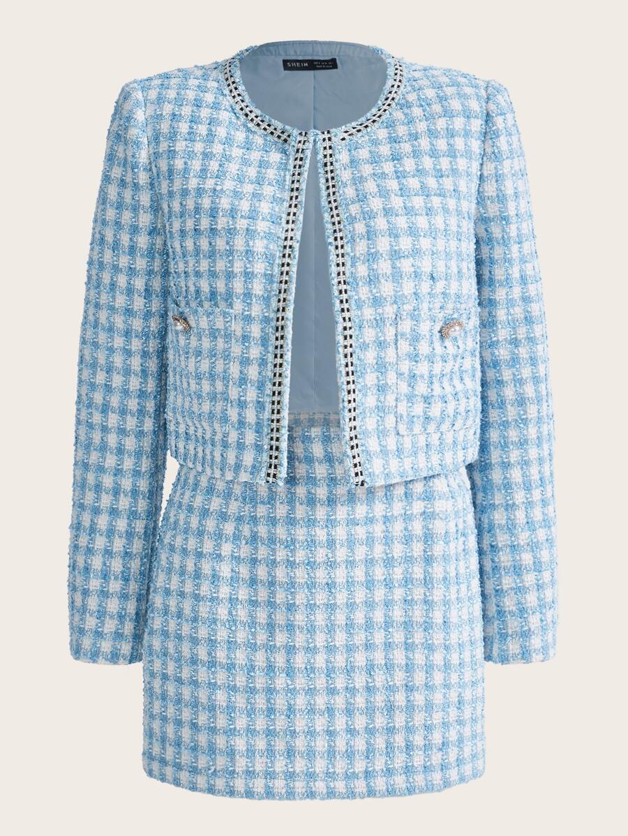 SHEIN Frenchy Plaid Tweed Jacket & Skirt | SHEIN USA