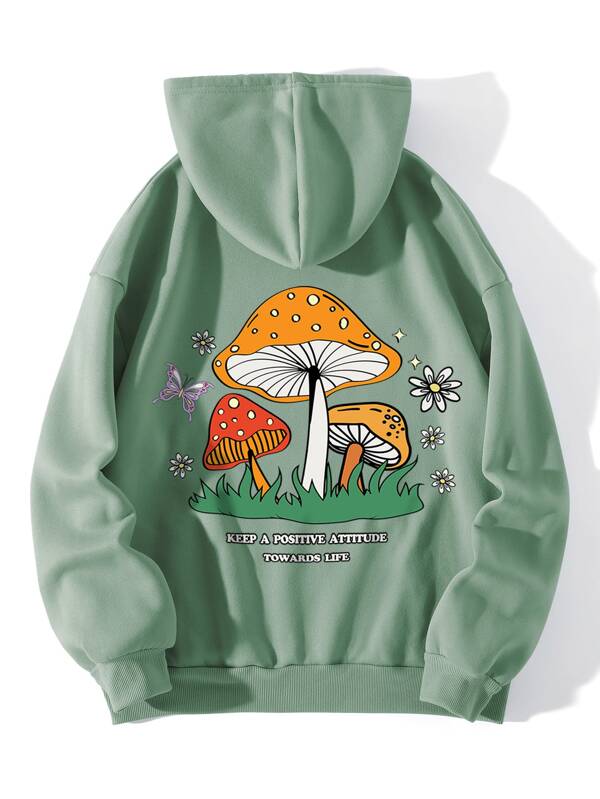 Shein Ezwear Mushroom And Slogan Graphic Drawstring Thermal Lined Hoodie