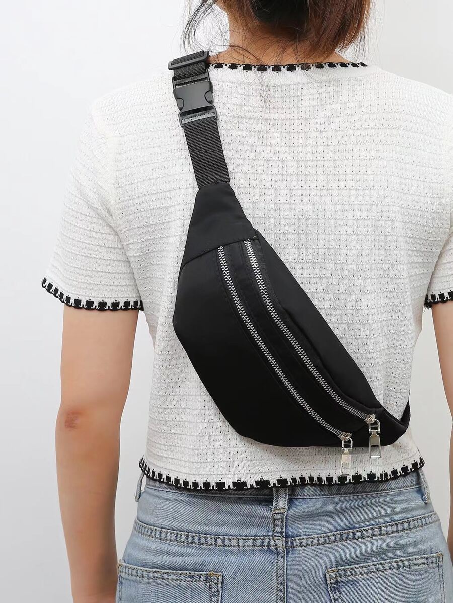 Medium Fanny Pack Zip Front Black Minimalist Waterproof, Preppy Bum Bag ...