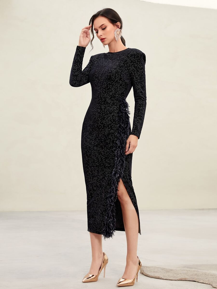 Modelyn Ruffle Trim Split Thigh Velvet Dress | SHEIN USA