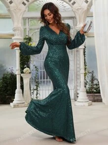 Lantern Sleeve Mermaid Hem Sequin Prom Dress, Elegant Long Sleeve Formal Evening Wedding Guest ...