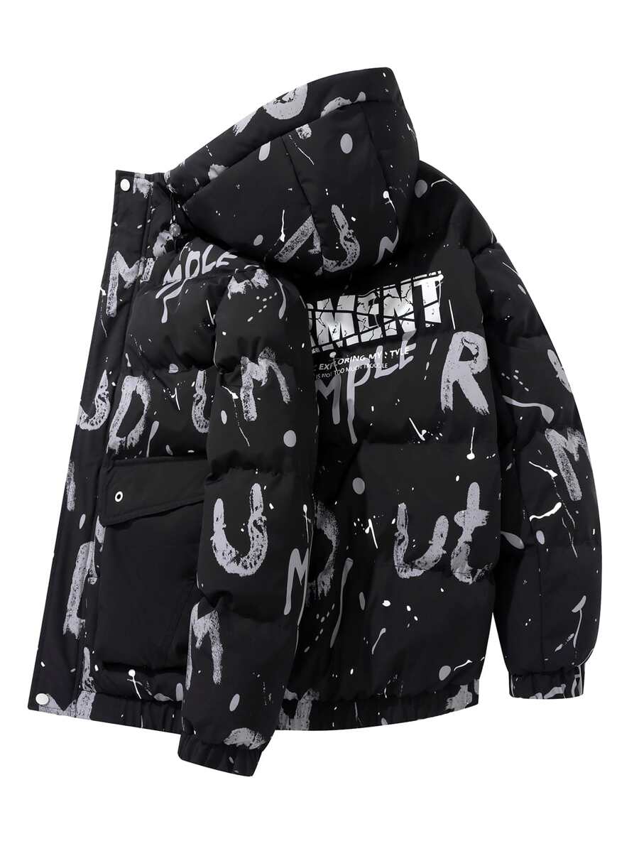 Manfinity Loose Men's Letter Print Hooded Puffer Coat With Flap Pockets ...