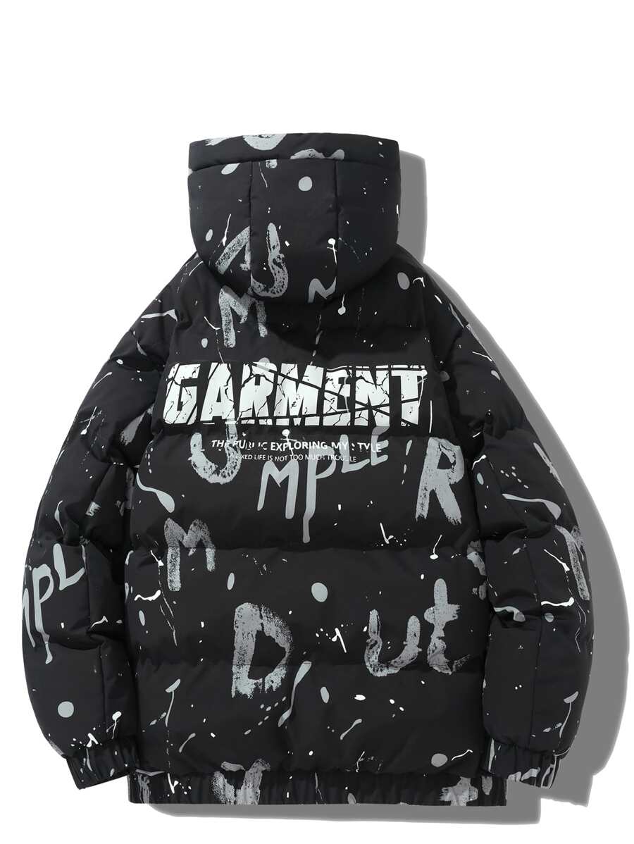 Manfinity Loose Men's Letter Print Hooded Puffer Coat With Flap Pockets ...